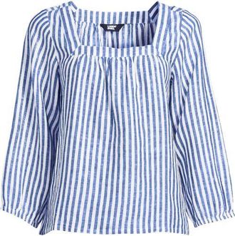 Lands End Leinen-Bauernbluse mit 3/4-Ärmeln, Damen, Größe:52-54 plus, Blau, Leinen, by Lands End