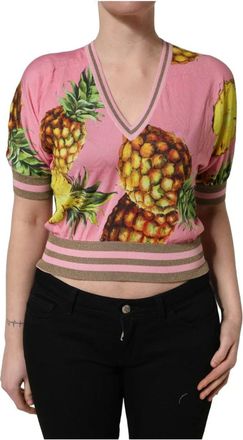Dolce & Gabbana Femme, Pulls, Rose, Taille: 34 FR Top court &agrave; manches courtes et col en V Ananas