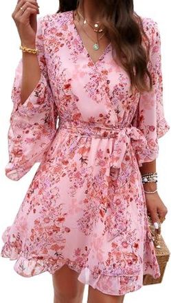 Generic Femmes Lacets Robe décontractée col en V Manches à Rabat Casual Flower Fshion imprimé Volants Robe de Plage (Grand,Couleur Rose)