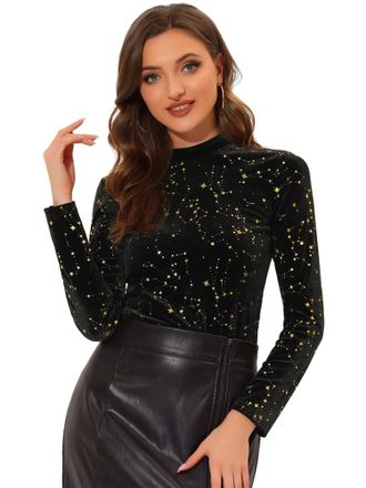Allegra K Damen Velvet Bluse Langarmshirt Stehkragen Glitzer Sterne Samt Oberteil Elegant Bluse Schwarz XL