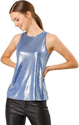 Allegra K D&eacute;bardeur M&eacute;tallique Femme Haut Brillant m&eacute;tallis&eacute; sans Manches Top pour Costume dhalloween Bleu S