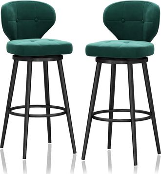 Generic Barhocker-Set, 2Er-Set, Drehbare Barhocker mit Gr&uuml;nem Samtbezug Und R&uuml;ckenlehne, K&uuml;cheninselst&uuml;hle In Tresenh&ouml;he, 75 cm Sitzh&ouml;he, Schwarze Metallbeine