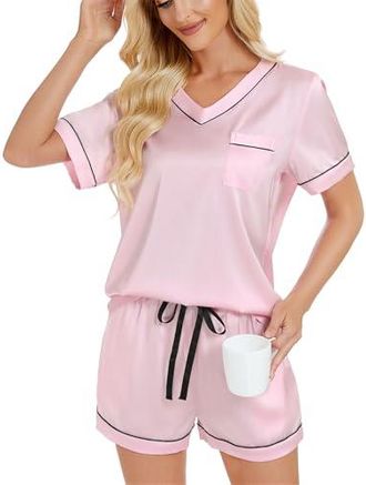 Generic Pyjama 2 pi&egrave;ces en soie pour femme, col en V, v&ecirc;tements dint&eacute;rieur doux et soyeux, &agrave; manches courtes, en satin avec haut et short, rose, XXL