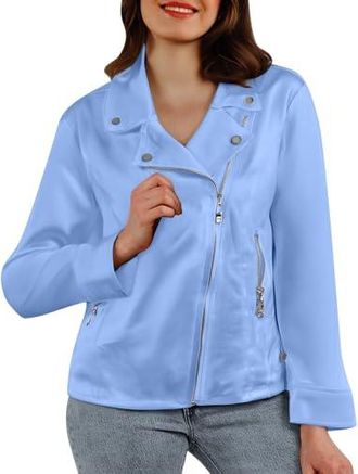 Generic 2026 Vestes pour femmes, veste de moto, style classique asym&eacute;trique, fermeture &eacute;clair, ceintures &agrave; boucle, plusieurs poches, bleu clair, XXL