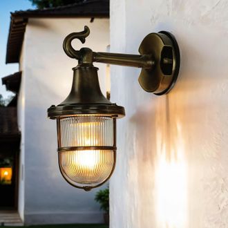 Licht-Erlebnisse Au&szlig;enleuchte rustikal geriffeltes Glas Echt-Messing rostfrei IP64 Premium Schiffslampe Haus Balkon