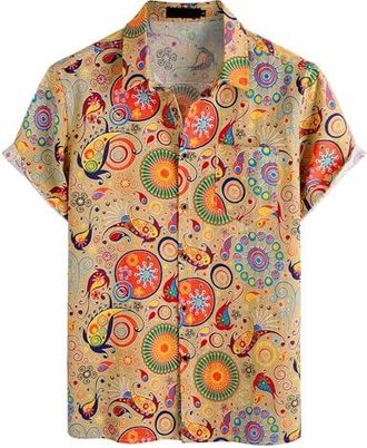 PARKLEES Chemise en coton et lin pour homme, motif vintage années 70, style ancien, chemise décontractée à manches courtes boutonnée rétro, kaki, XL