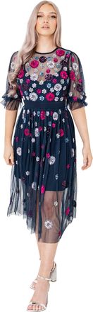 Maya Damen Womens Ladies Dress Flower Sequin Embellishment 3/4 Puffed Sleeve High Waist Mesh Keyhole for Wedding Guest Summer Navy Kleid, 34