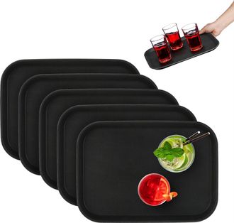 Relaxdays Serviertablett im 5er Set, rutschfeste Oberfl&auml;che, eckiges Kellnertablett, Gastronomie, BxT: 35x25 cm, schwarz