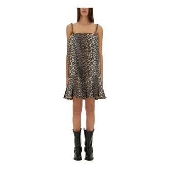 Ganni Femme, Robes, Brun, Taille: 38 FR Foil Print Denim Strap Dress