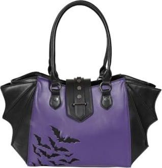 Banned Apparel Banned Haunted Annabelle Tote Bag - Sac à main gothique en forme daile de chauve-souris, chauves-souris violettes et noires