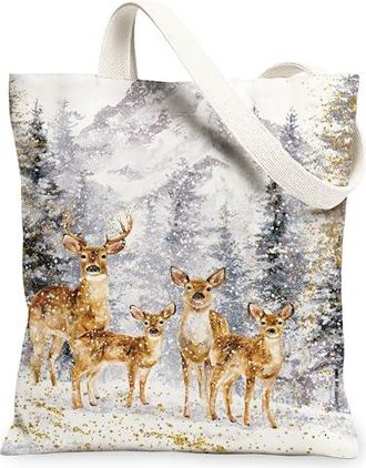 Generic Sac fourre-tout en toile motif cerf dhiver, sac d&eacute;picerie r&eacute;utilisable, motif for&ecirc;t vintage, l&eacute;ger et lavable, blanc, 13x15 Inch