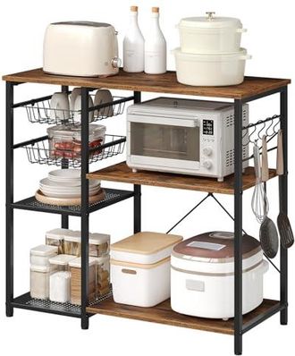 Woltu Étagère Cuisine avec 2 Paniers Coulissants & 5 Crochets, Support Micro-Ondes avec 2 Étagères en Maille Métallique, 3 Tablettes en Bois dIngénierie, 90