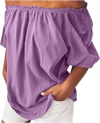 Generic T-shirt tendance en lin pour femme - &Eacute;paules d&eacute;nud&eacute;es - Manches courtes - Uni - Ample - En coton et lin - Avec volants - Grande taille - Tunique d&eacute;t&eacute; 