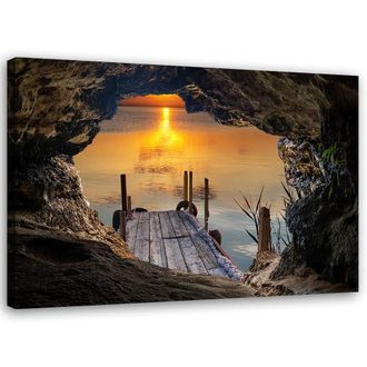 Feeby Leinwandbild XXL H&ouml;hle illusion Wandbild Kunst Sonnenuntergang Orange 120x80 cm