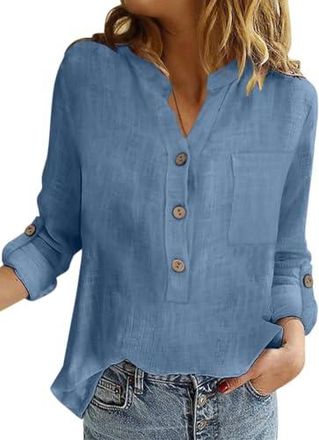 Onsoyours Chemisier Femme Manches Longues Décontracté Chic Vintage Coton et Lin Baggy Tops Casual Oversize Manche Longue Col en V Chemisie Bleu XL