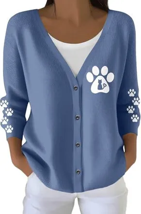 Generico Cardigan en tricot à manches longues épais et élégant pour femme pour la mi-saison avec imprimé de chat Vêtements de mode dhiver Manteau en tricot pou