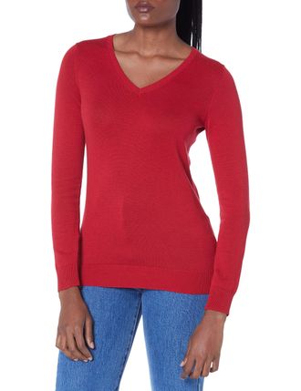 Amazon Essentials Damen Regular-Fit Leichter Langarm-Pullover V-Ausschnitt (In Übergröße Erhältlich), Rot, M