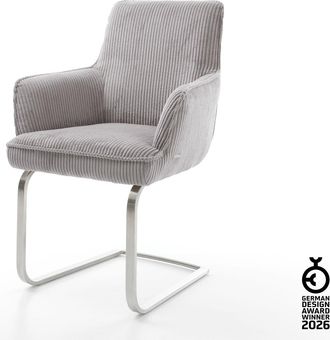 DELIFE Freischwinger Heira-Flex mit Armlehnen Cord Silbergrau Freischwinger flach Edelstahl Taschenfederkern, Esszimmerst&uuml;hle