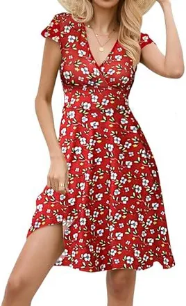Zeagoo Robe trapèze pour femme - Col en V - Élégante - Manches courtes - En jersey - Longueur genou - Extensible, Fleur235, L