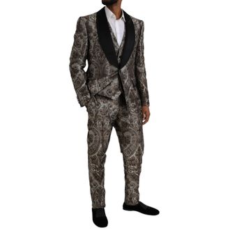 Dolce & Gabbana Mens Brown Floral Jacquard Formal 3 Piece Suit Polyester Silk