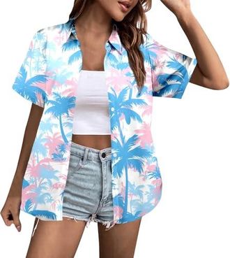 Generic Chemise de plage des Cara&iuml;bes pour femme &agrave; manches courtes d&eacute;t&eacute; tropicale hawa&iuml;enne boutonn&eacute;e palmier hawa&iuml;en vacances amusantes graphiques d&eacute;contract