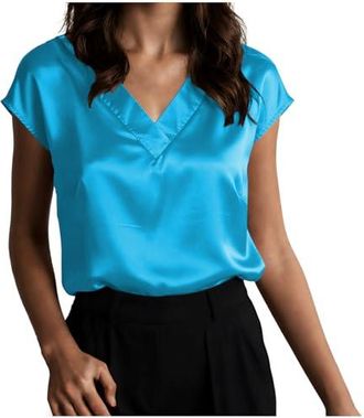 Generic Blouse Satin avec Brillance Femme Chic Et &eacute;l&eacute;gant Soir&eacute;e Chemise Manches Courtes Col en Rond Chemisier Grande Taille Printemps Fashion Casual C&eacute;r&eacute;moni
