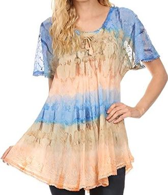 Sakkas 16786 - Monet Long Tall Tie Dye - Chemise à Manches Bouffantes brodées - Bleu Marine - Marron