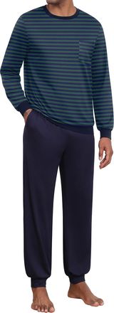 Ekouaer Schlafanzüge für Männer, Schlafanzug Herren Lang Streifen Pyjama Set Nachtwäsche mit Tasche und Bündchen Nightwear Set, GrüN Gestreift + Marineblau, X