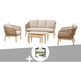 Hesperide Salon de jardin alu effet bois bross&eacute; Orissa taupe + Housse - 5 places - Hesp&eacute;ride