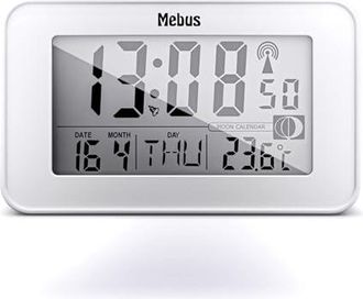 Mebus digitaler Funk-Wecker mit Mondkalender, Beleuchtung, Innenthermometer, Schlummer-Funktion/Material: Kunststoff/Farbe: Weiß/Modell: 51461
