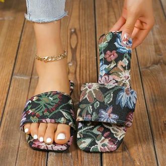 Generic ZBDZSW Mode Fleur Talon Plat Pantoufles Femmes &Eacute;t&eacute; Bout Carr&eacute; Antid&eacute;rapant Slides Femme L&eacute;ger Imprim&eacute; Casual Plage Tongs, floral/noir, 6 UK