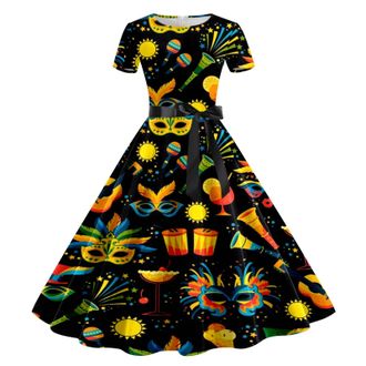 Generic Damen Karneval Kleid Vintage 50er Jahre Rockabilly Kleid Kurzarm A-Linie Partykleid Bunt Masken Druck Faschingskost&uuml;m Outfit mit G&uuml;rtel