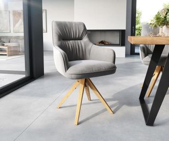 DELIFE Esszimmerstuhl Zelia-Flex mit Armlehnen Samt Grau Holzgestell kantig Natur Taschenfederkern, Esszimmerst&uuml;hle