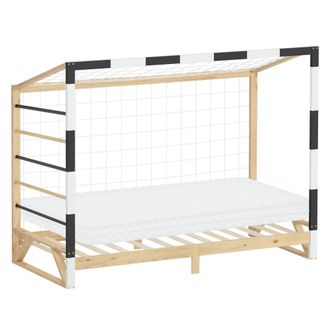 ML Design ML-Design Kinderbett Fu&szlig;balltor 90x200 cm mit Matratze H:10cm, Holzbett mit Lattenrost, Kletterleiter, Tornetz, Jugendbett aus Kiefernholz, Einzelbett