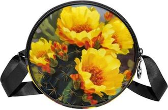 Generic Petit sac &agrave; bandouli&egrave;re rond pour femme, motif fleurs de cactus avec fermeture &eacute;clair, bretelles r&eacute;glables, sac &agrave; main rond d&eacute;contract&eacute; pour femmes et