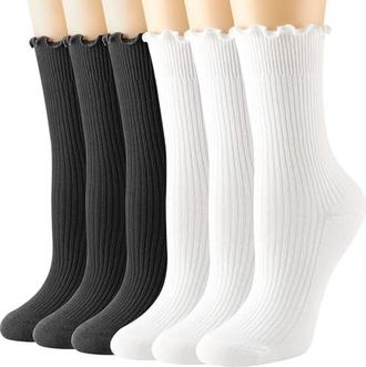 Dreshow 6 Paires Chaussettes &agrave; Volant de Coton en Tricot D&eacute;contract&eacute;es avec Laitue Respirantes pour Femme