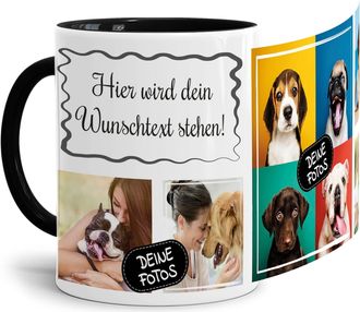 Tassendruck Foto-Tasse selbst gestalten mit Text & Collage für 5 Fotos - Geschenk für Familie, Freunde, Geburtstag, Weihnachten - Keramik Innen & Henkel Schwarz, 