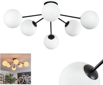 HOFSTEIN Deckenleuchte Gastor, Deckenlampe aus Metall/Glas in Schwarz/Weiß, Leuchte im modernen Retro/Vintage-Design mit Schirmen aus Glas (Ø 15 cm), 6 x E14, 