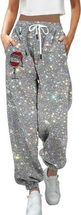 Generic Pantalon de costume de Noël amusant pour femme, imprimé de Noël taille haute avec motifs renne et bonhomme de neige, pantalon de survêtement ample à t
