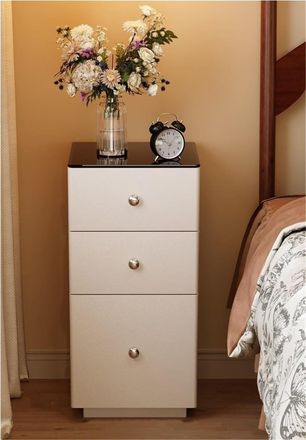 Generic Schmaler Nachttisch Mit 3 Schubladen, Moderner Schmaler Nachttisch Mit Platte Aus Gehärtetem Glas, Aufbewahrungsschrank Aus Massivholz for Schlafzimme