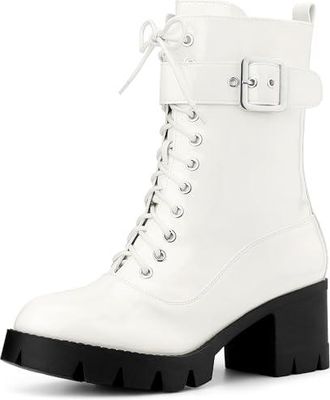 Allegra K Femme Bottes Combat à Talon Épais et Plateforme Zippée Blanche 39