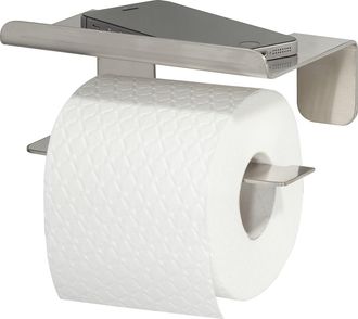 Tiger Colar Toilettenpapierhalter mit Ablage zum Kleben, Edelstahl geb&uuml;rstet, mit integrierter Klebefolie zur Montage ohne Bohren, 7.6 x 16 x 10.3 cm