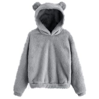 Generic Teddy Fleece Hoodie Damen mit B&auml;ren Ohren Kapuze Cute Langarm Pullover Einfarbig Sweatshirt Cozy Pl&uuml;sch Kapuzenpullover Warm Pulli Kawaii Fleecepulli 