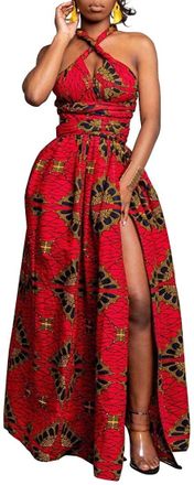 OLIPHEE Damen Afrikanische Kleider ärmelloses Maxikleid Blumenmuster Mehrfarbig Abendkleid Elegant Cocktailkleid (Karo,X-Large)