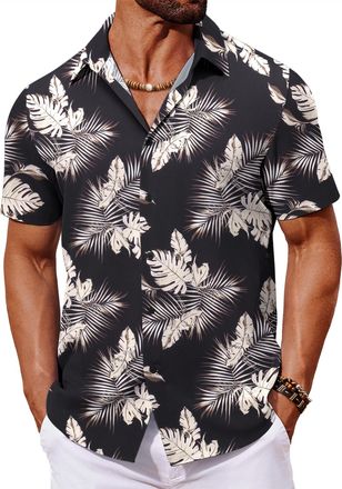 Coofandy Hawaii Hemd Herren Sommer Freizeithemd Button Down Hawaiihemd Palmen Hemd Regular Fit Floral Hawaii Outfit Palmbl&auml;tter Schwarz S