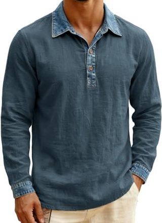 Generic Polo patchwork &agrave; manches longues Henley pour homme - Col en jean - Manches longues - Col boutonn&eacute; - Solide - Ample - Patchwork - Chemises d&eacute;contract&eacute;e