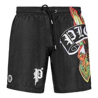 Philipp Plein Homme, Maillots de bain, Noir, Taille: S Pantalon de Plage avec Patchs Tatouage