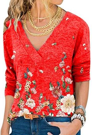 TOMWELL Sweatshirts Femme Chemises À Manches Longues Chemisier Col en V Pull Ample Sweatshirt Imprimé À Fleurs Haut De Couleur Unie Tops Décontractés Hoodies 