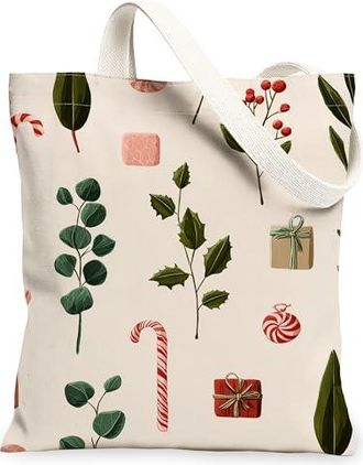Generic Sacs fourre-tout en toile botanique de No&euml;l, motif feuilles de vacances, sacs d&eacute;picerie r&eacute;utilisables, bandouli&egrave;re lavable vintage pour lext&eacute;rieur, be