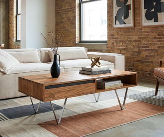 DELIFE Couchtisch Stonegrace 115x60x35 cm Akazie Natur Schiefer 2 Schubladen 1 Fach, Couchtische